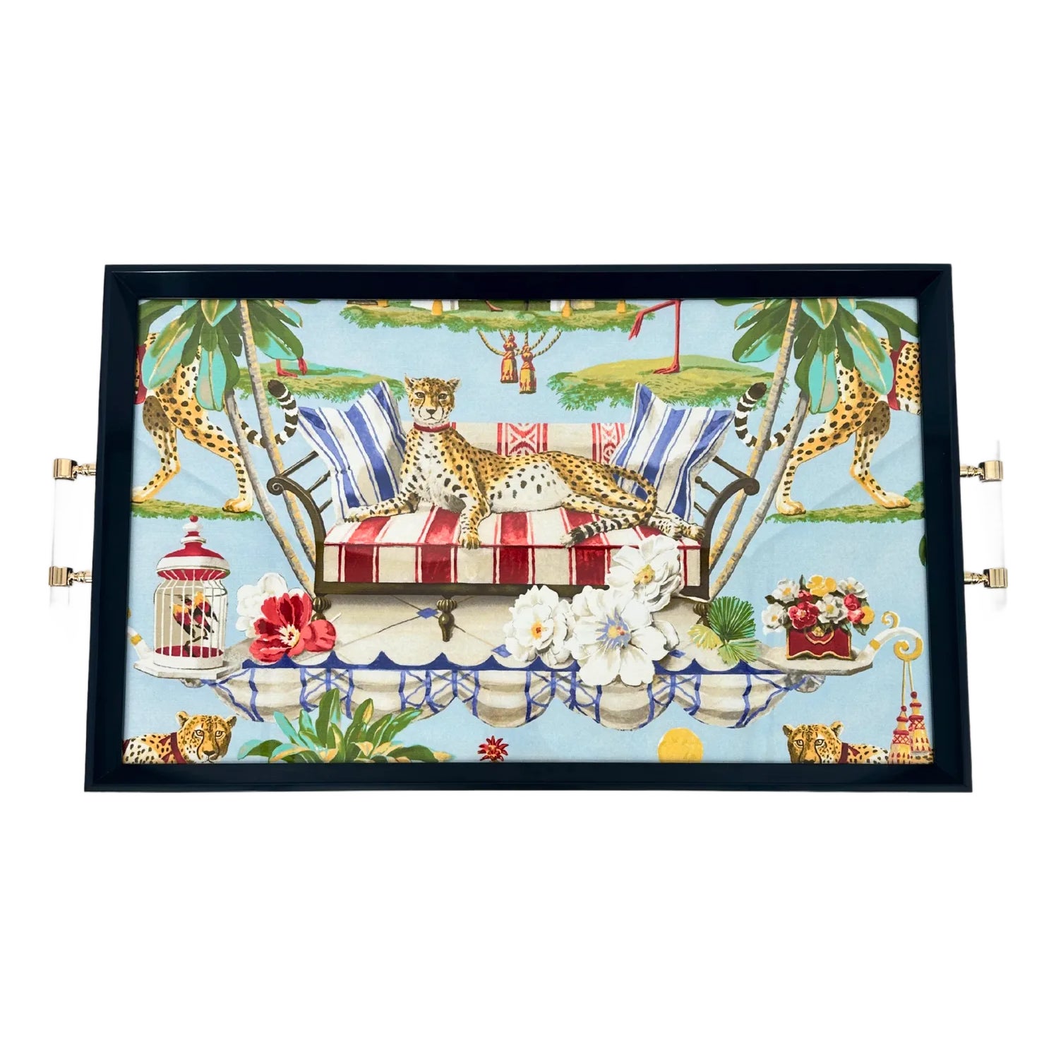 Blue Decorative Animalia Cheetah Tray Lucite & Gold Handles | Chairish