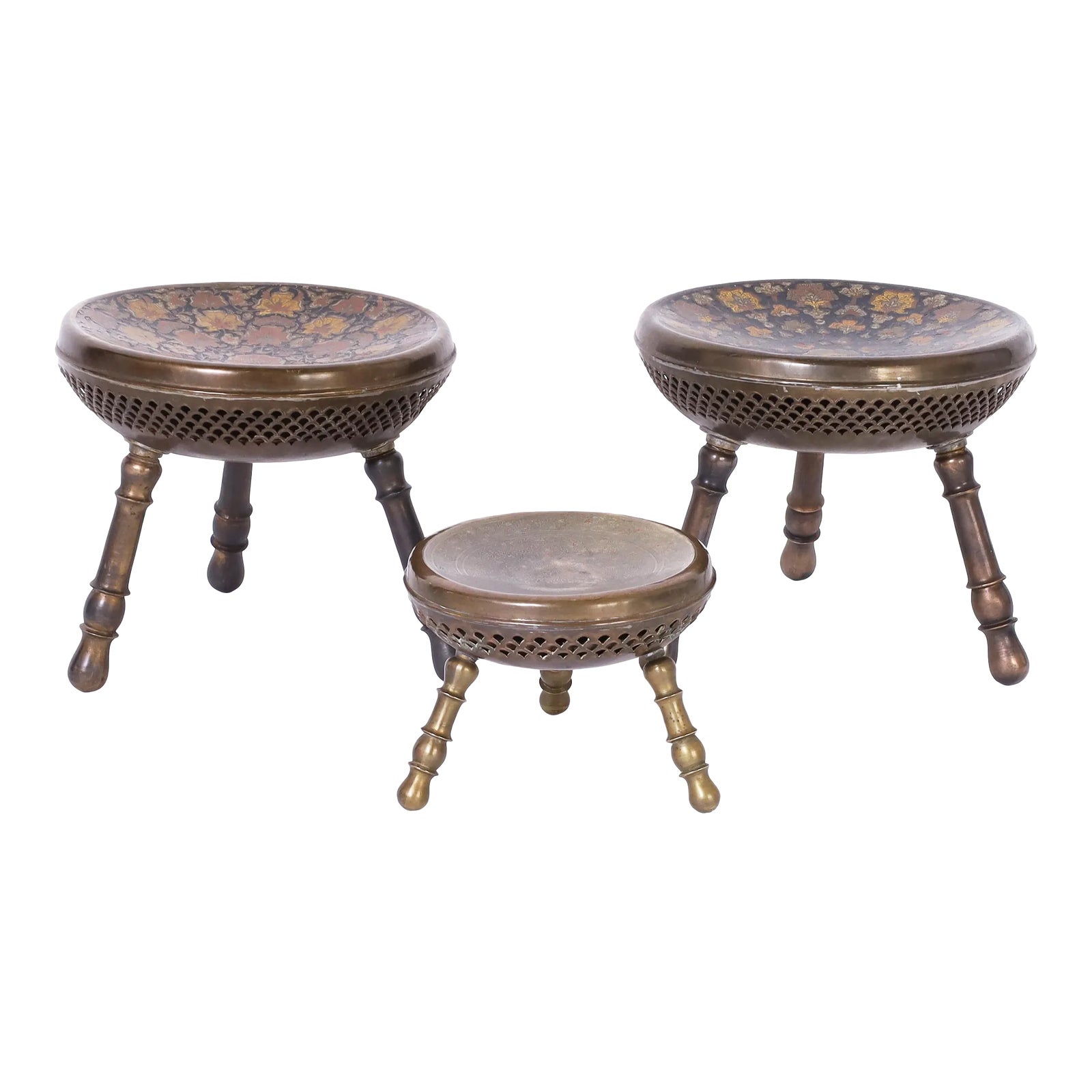 Set of Three Anglo Indian Brass Foot Stools | Chairish