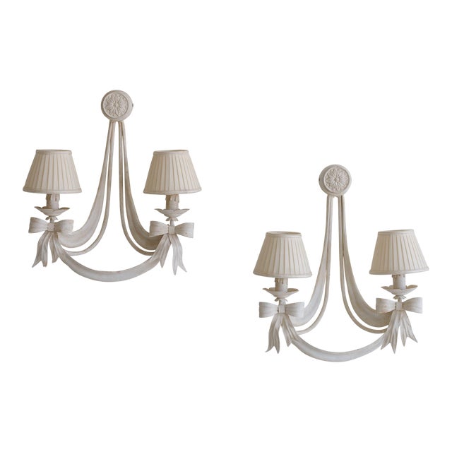 Vintage French Tole Bow Sconces With Silk Shades, Pair | Chairish