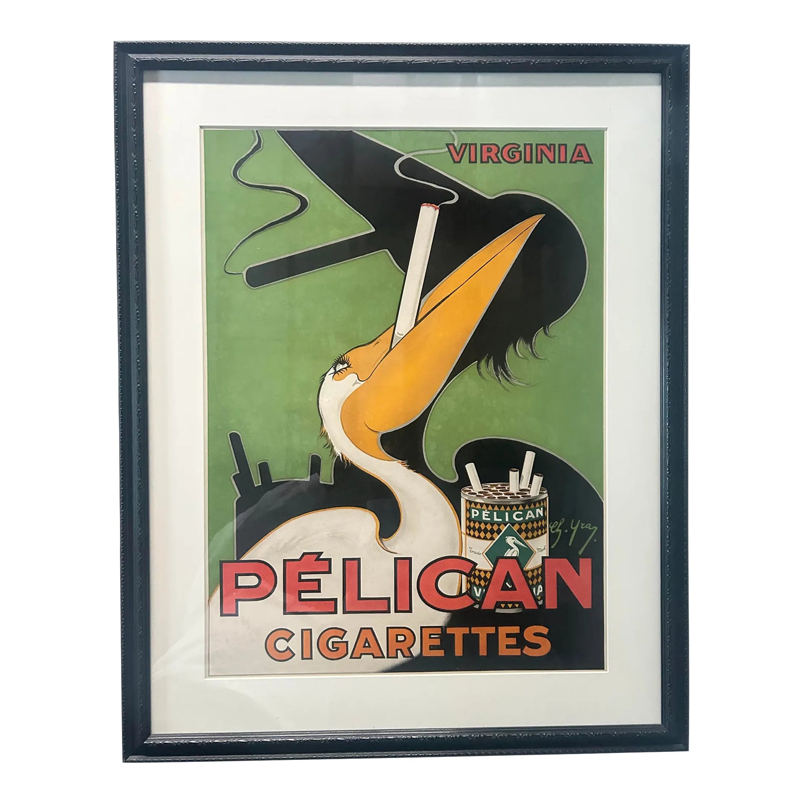 1930s Framed Vintage French Poster, Charles Yray's Pelican Cigarettes ...