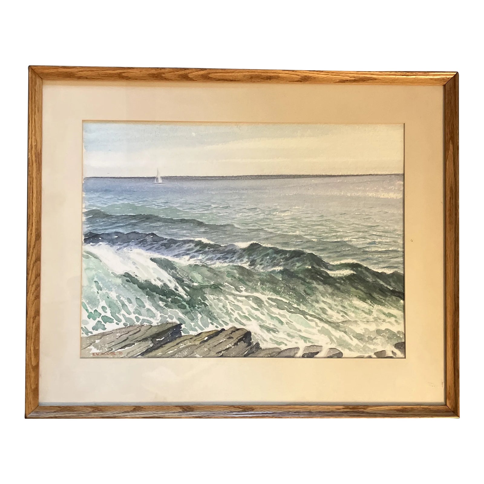 1970’s Original Seascape With Sailboat Watercolor Painting R.W.Moore ...