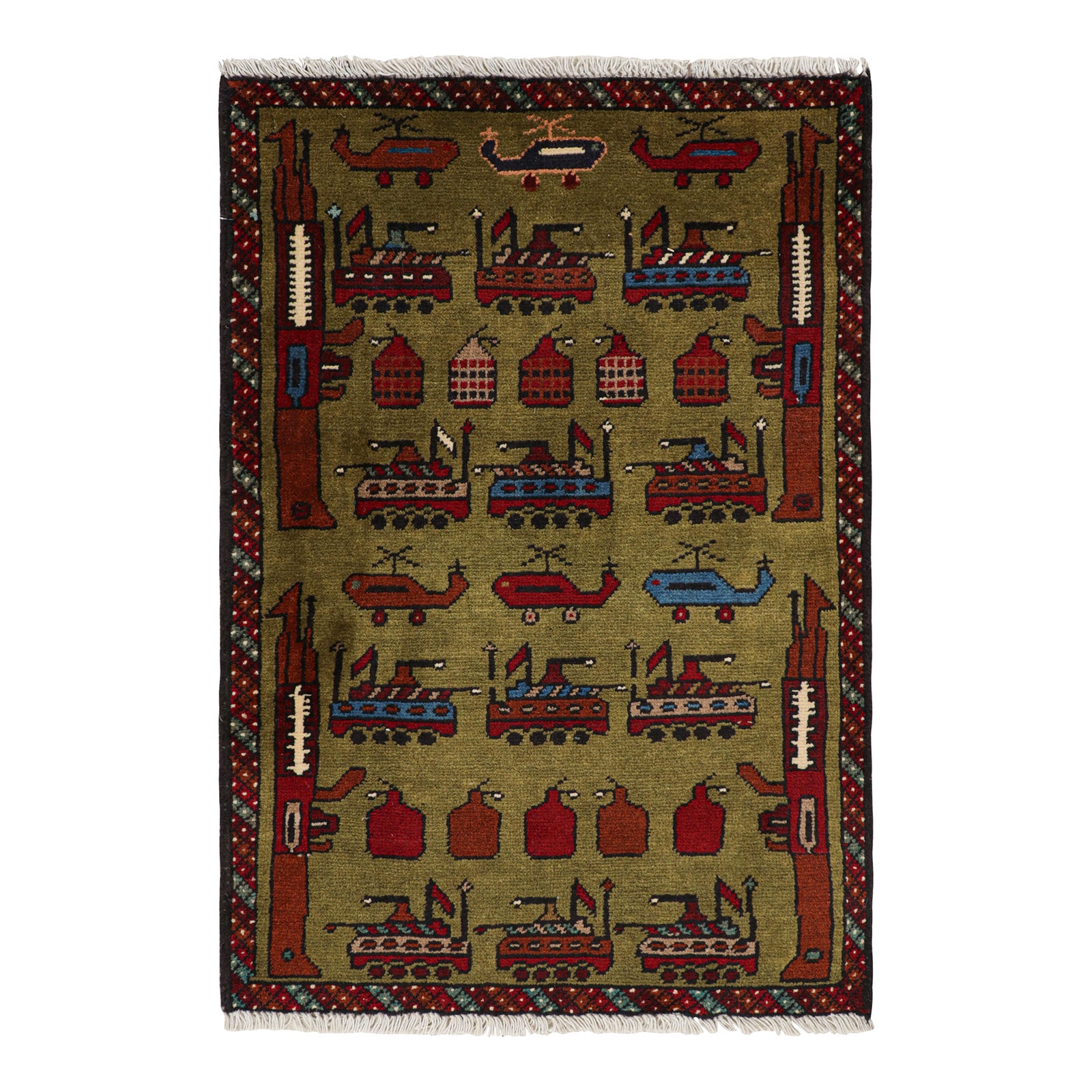 Rug & Kilim’s Modern Tribal Rug in Green With Helicopters and Tank ...