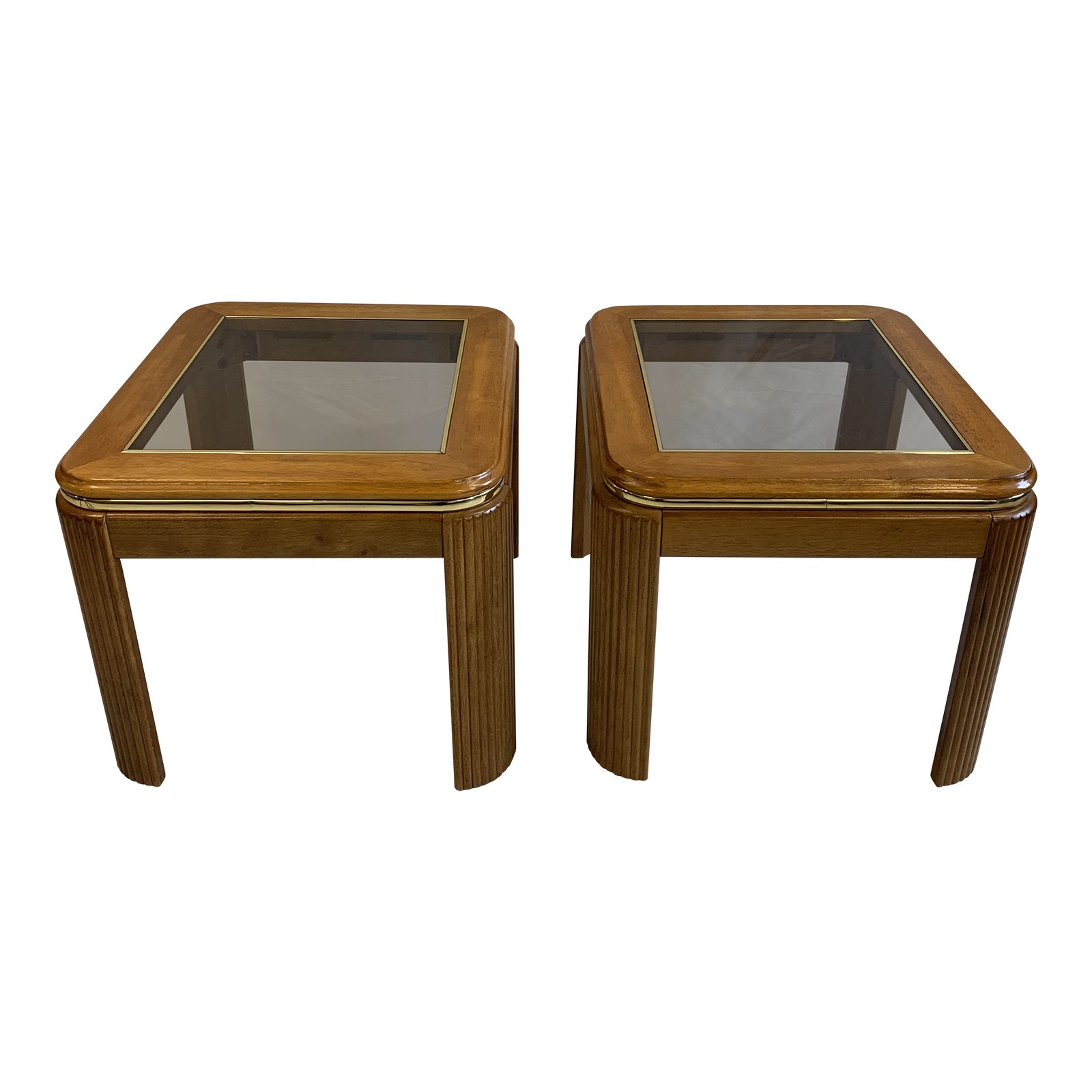 Pair of Early 1980s Vintage Glass and Wood Side Tables | Chairish