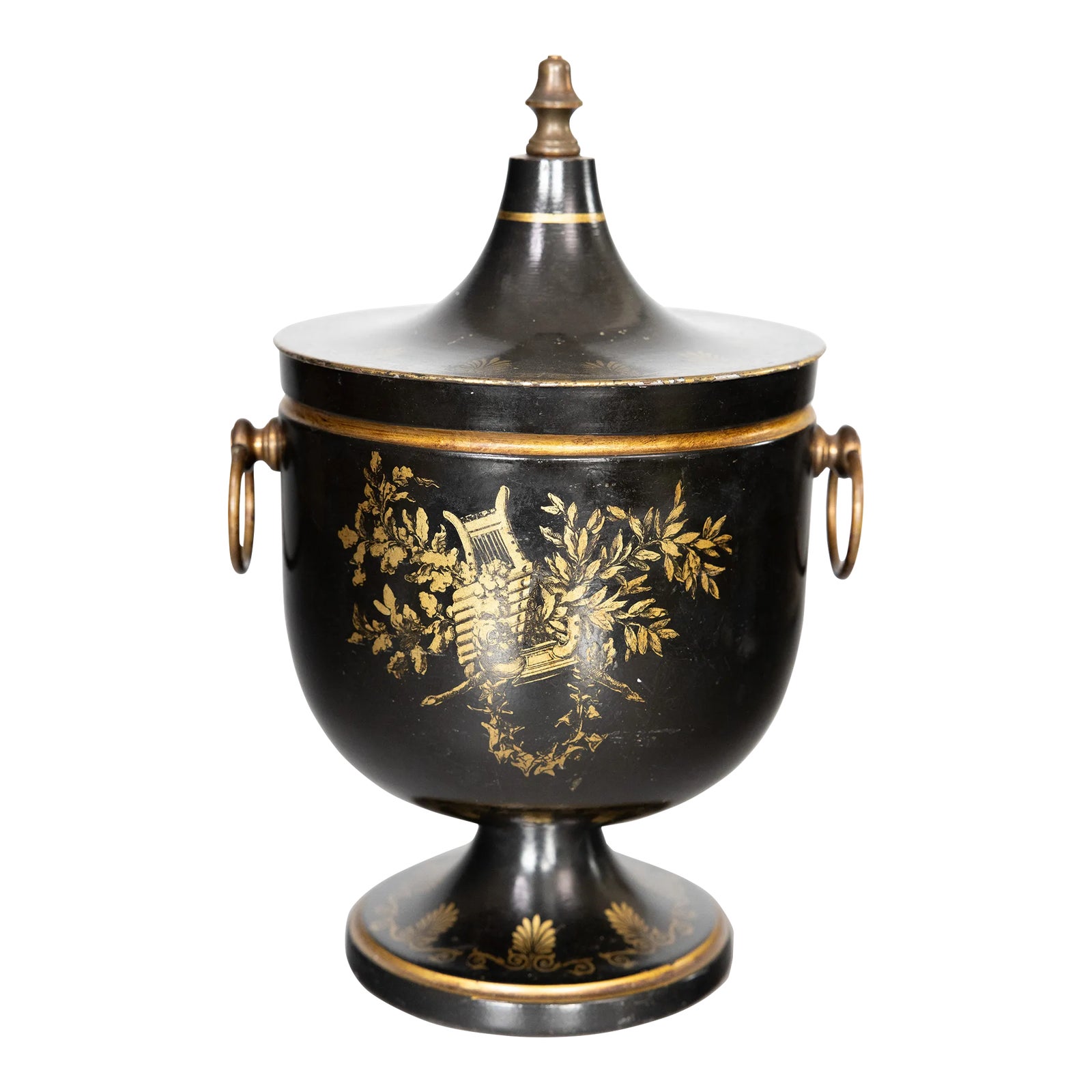 Mid-20th Century Italian Tole Black & Gold Lidded Urn Ice Bucket | Chairish