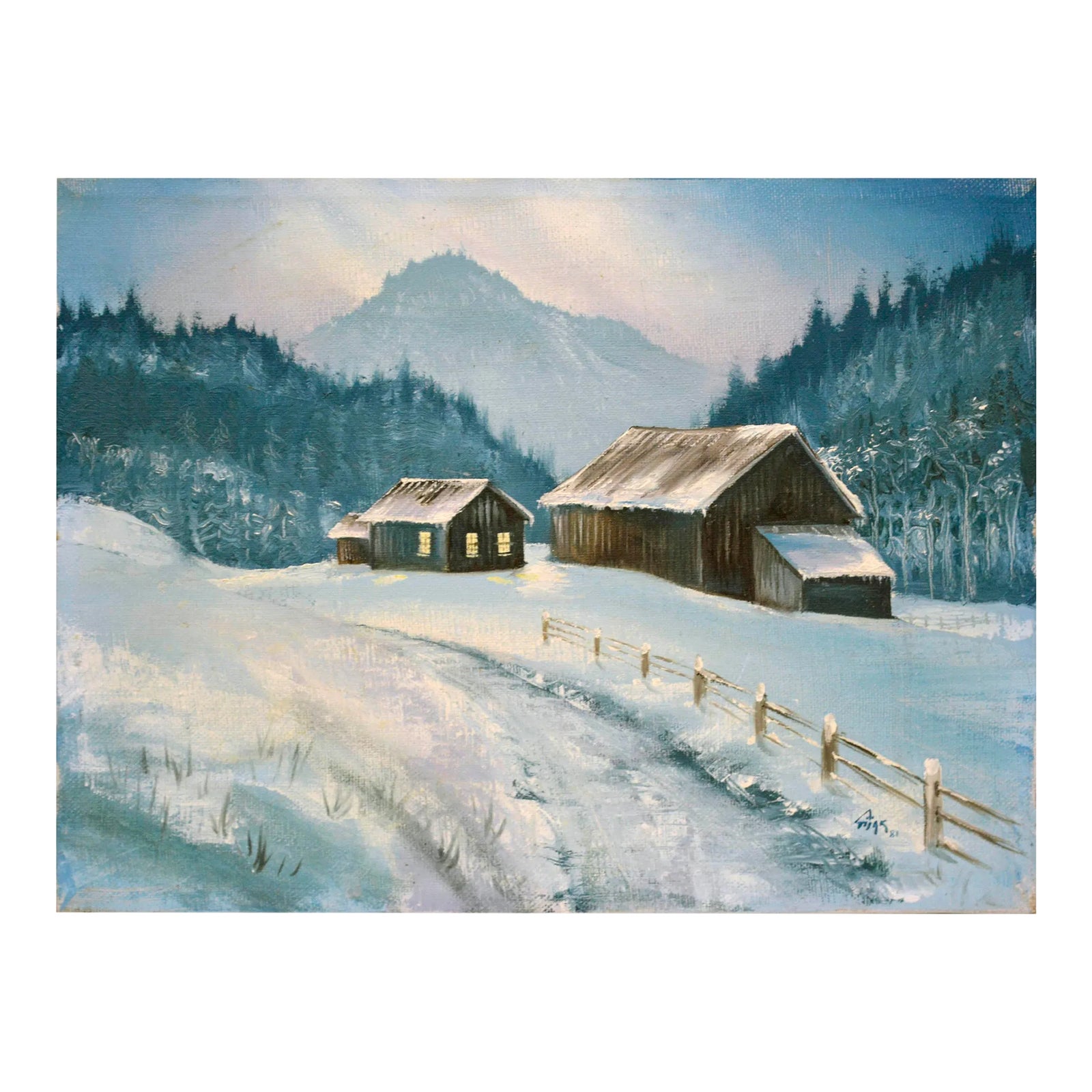 Snowy Farm - Vintage Winter Cabin Landscape | Chairish