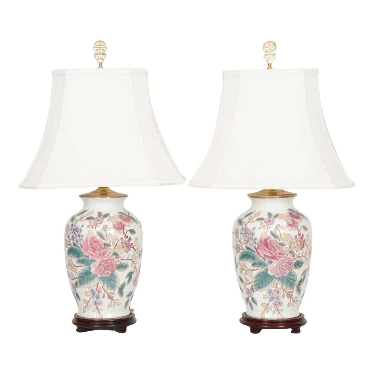 Ming Style Floral Ceramic Table Lamps - a Pair | Chairish