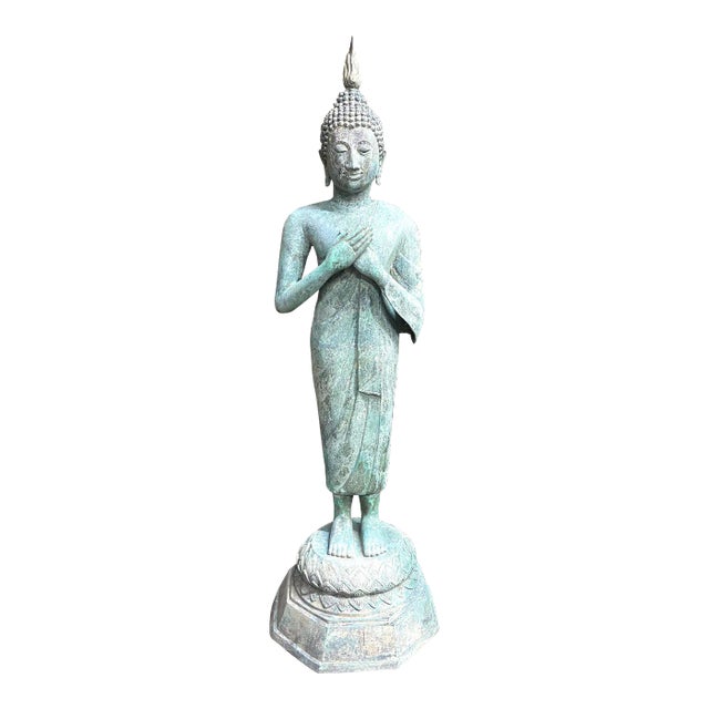 Large 60" Verdigris Green Patina Bronze Standing Buddha Statue | Chairish