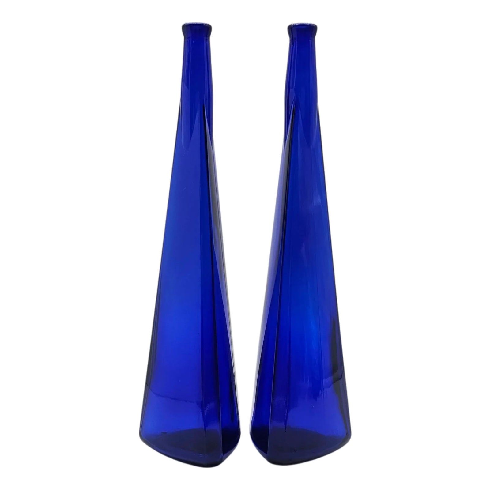 Pair of Tall Cobalt Blue Art Glass Bottles, Sculptural Cone Forms ...