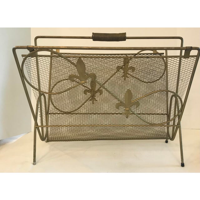 Vintage Gold Metal Magazine Rack With FleurdeLis Design | Chairish