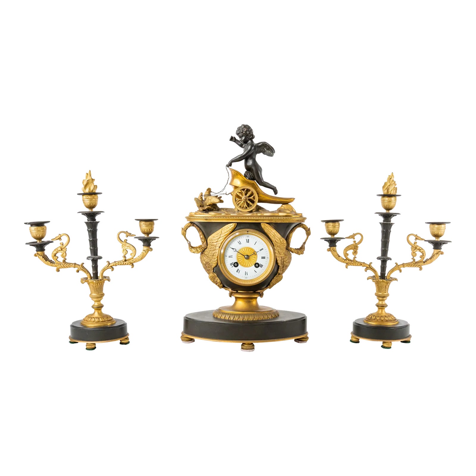 Early 19th Century Patinated & Ormolu Empire Striking Mantel Clock Set ...