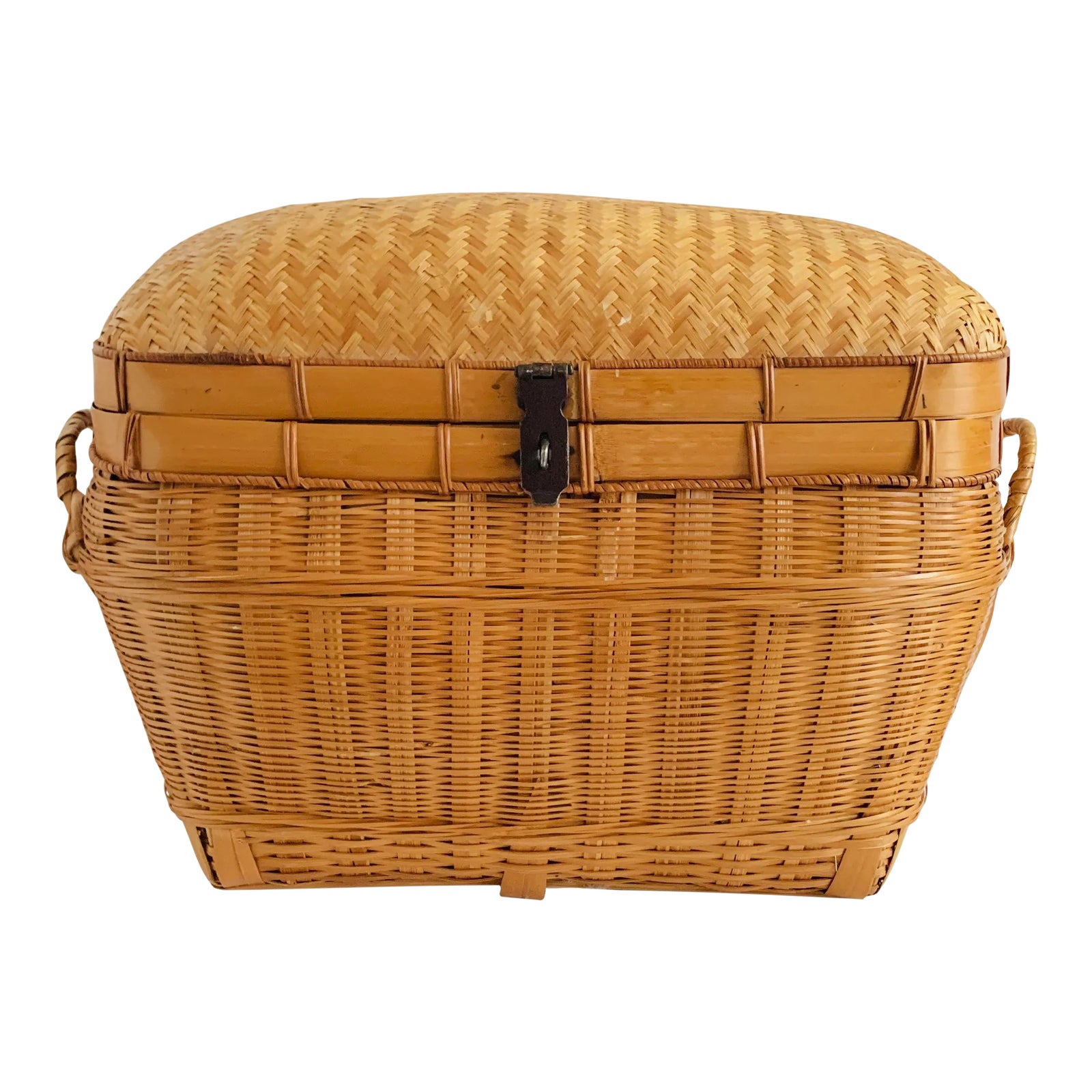 Vintage Chinese Herringbone Weave Cane and Rattan Storage Trunk | Chairish