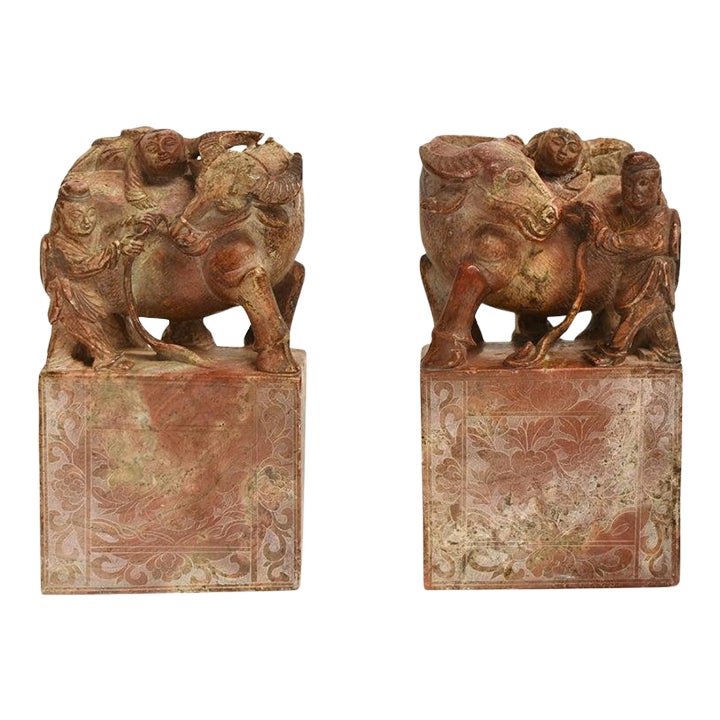Pair Large Antique Stone Statues Bookends Boy and Buffalo | Chairish