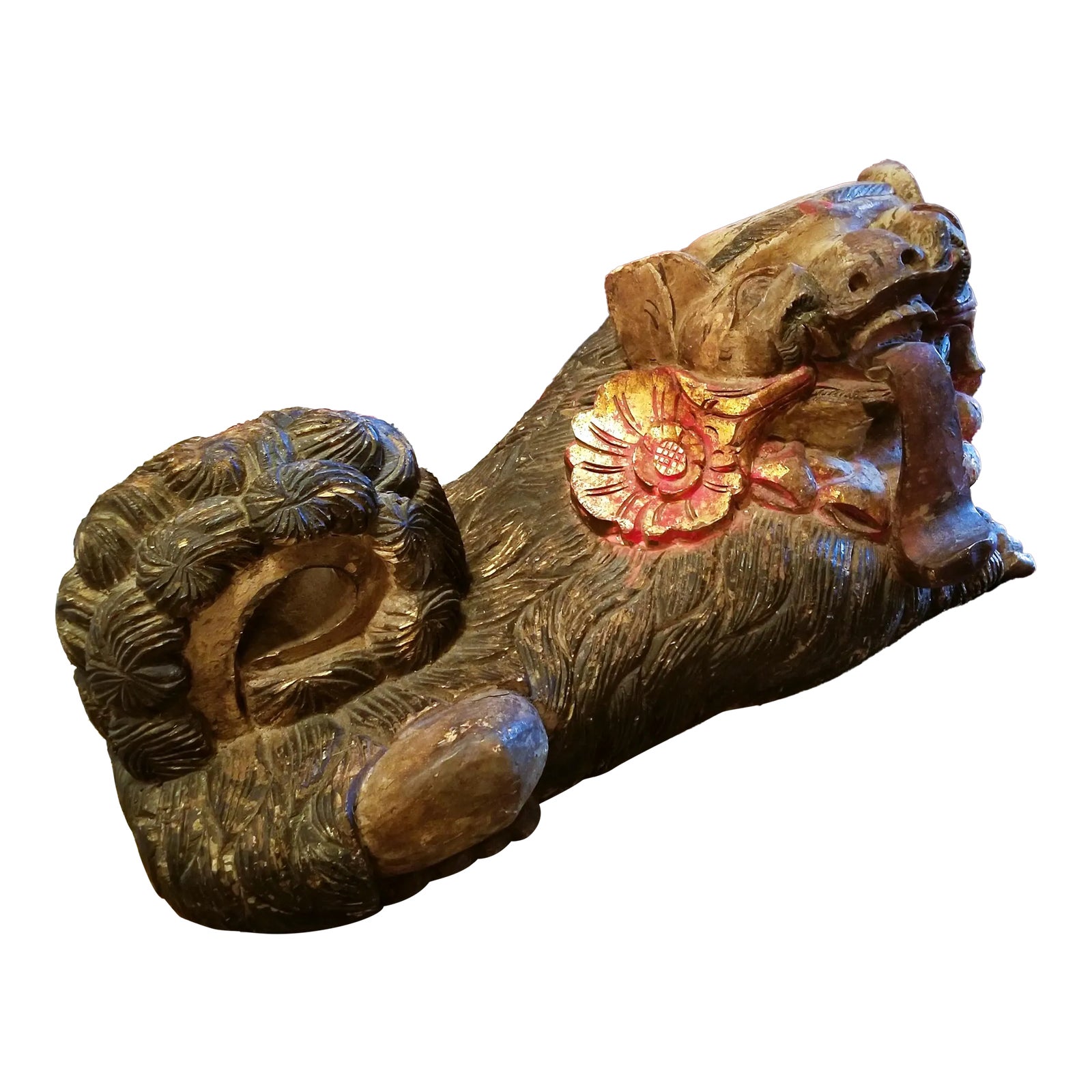 Antique Carved and Polychrome Wooden Fu Lion | Chairish