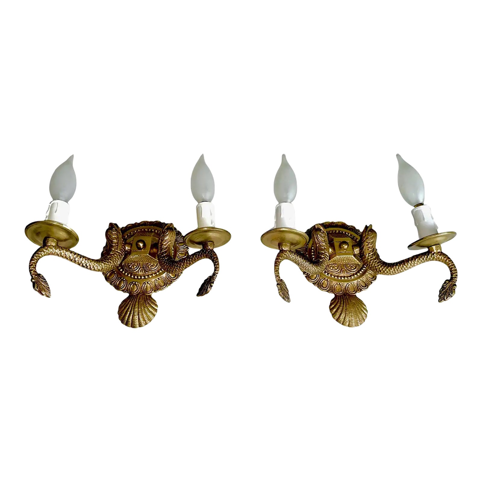 Pair Neoclassic Dolphin Shell Brass Wall Sconces | Chairish