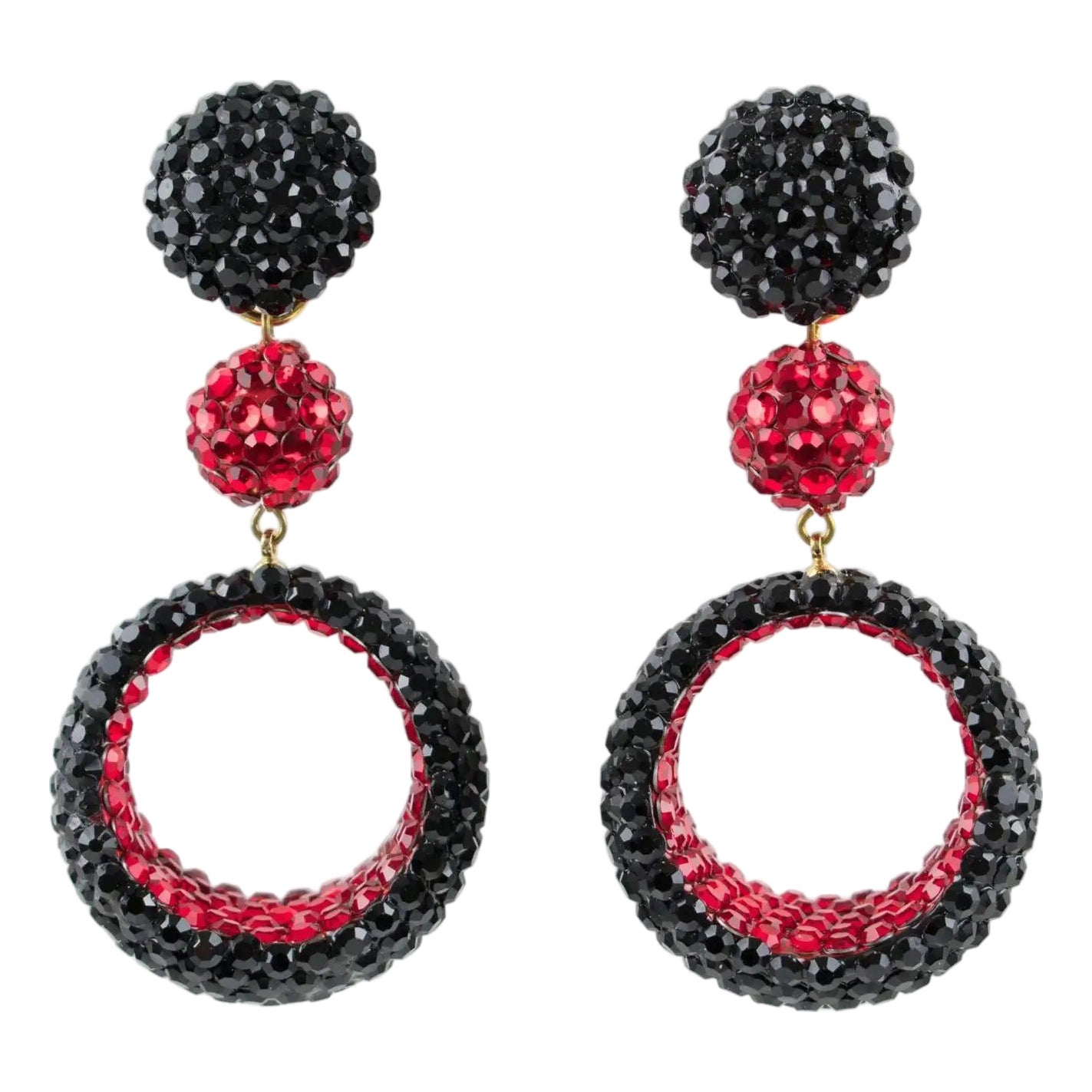 Richard Kerr Dangle Red and Black Crystal Jeweled Clip Earrings | Chairish