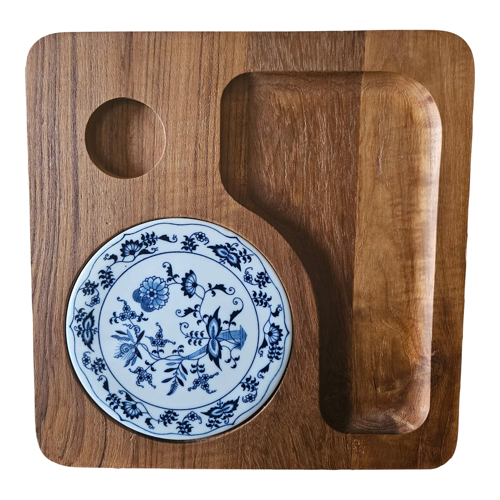 Vintage Dolphin Blue Danube Teakwood Cheese Board | Chairish