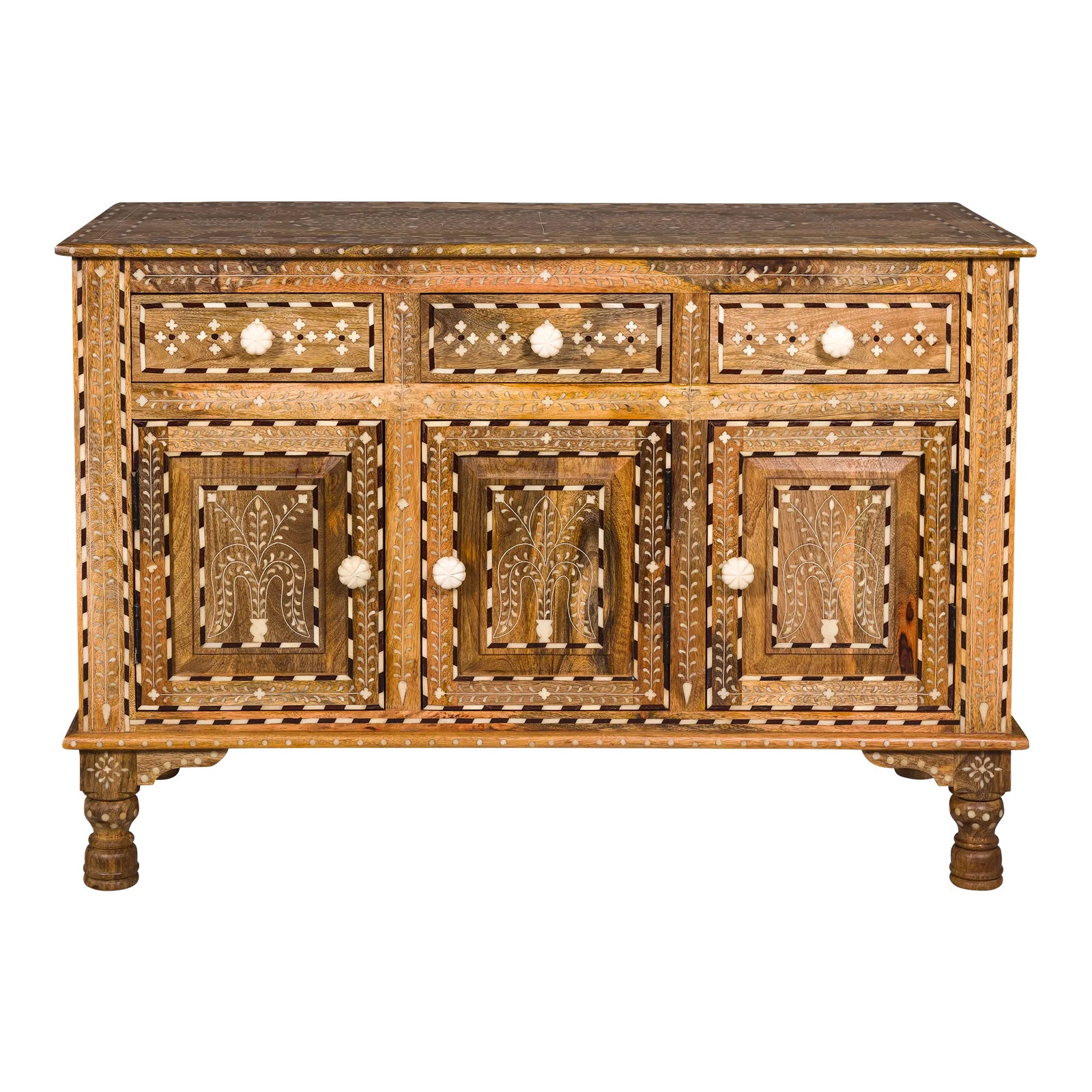 Anglo Style Mango Wood Buffet With Geometric Bone Inlay | Chairish