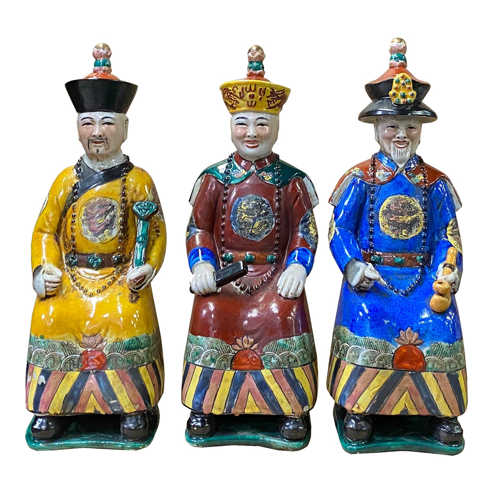 Chinese Color 3 Sitting Ching Qing Emperor Kings Figure Set | Chairish
