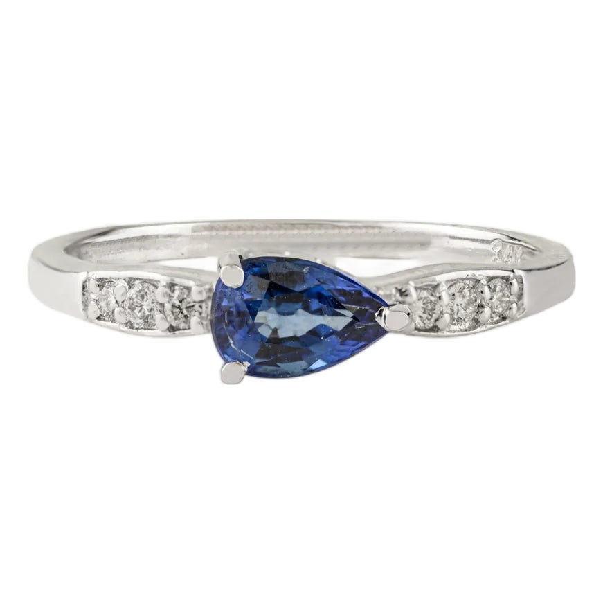 14k Gold Pear Cut Natural Blue Sapphire and Diamond East West Ring Size ...