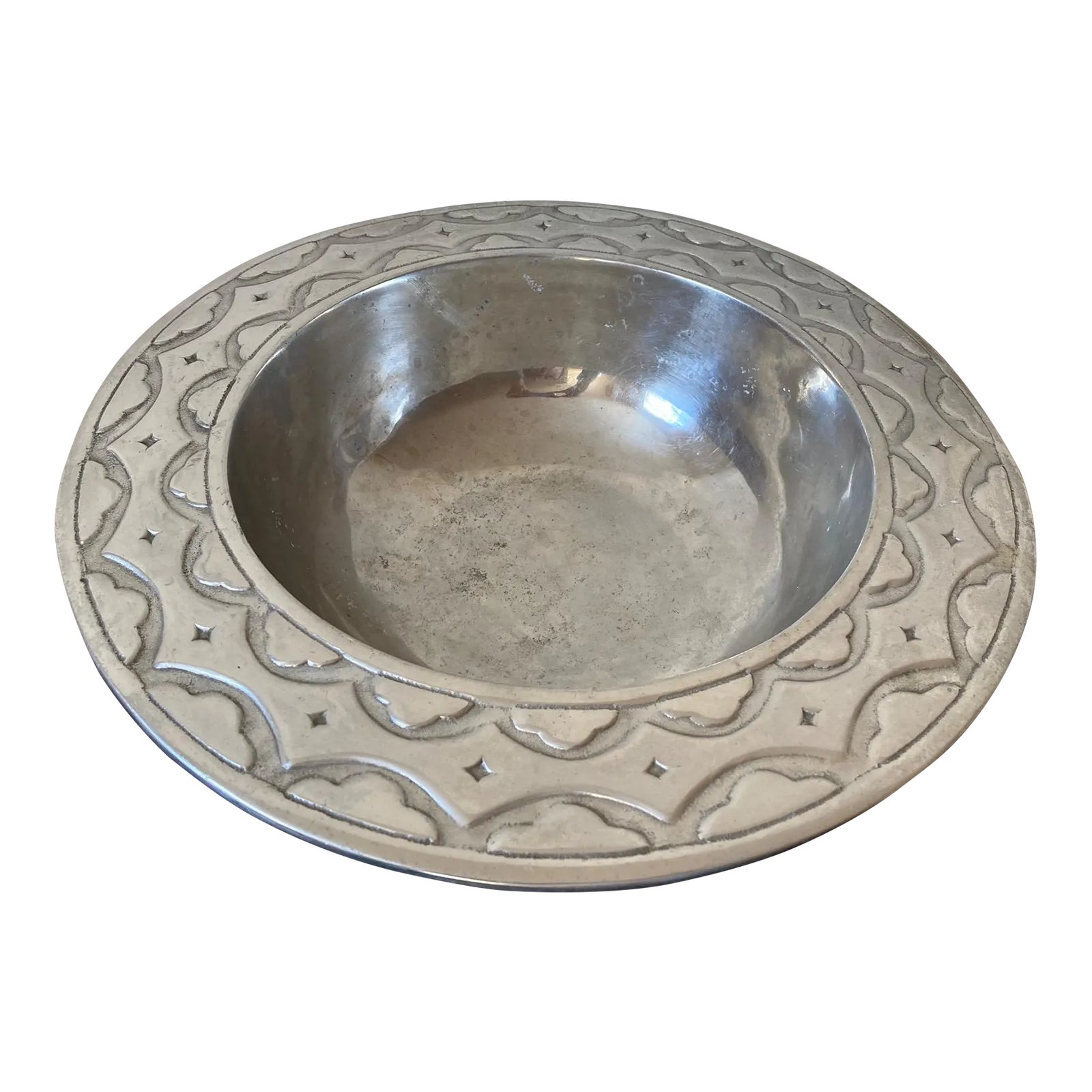 Large Wide Rimmed Pewter Serving Bowl With Geometric Design, Circa ...