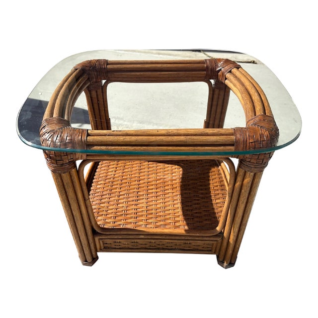 Vintage Bamboo/Rattan Glass Top Side Table | Chairish