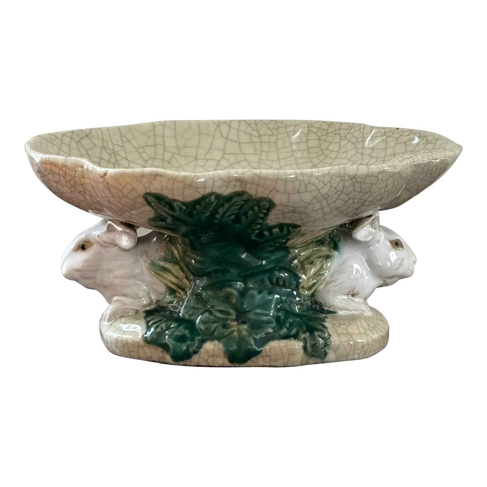 Majolica Style Footed Rabbit Dish | Chairish