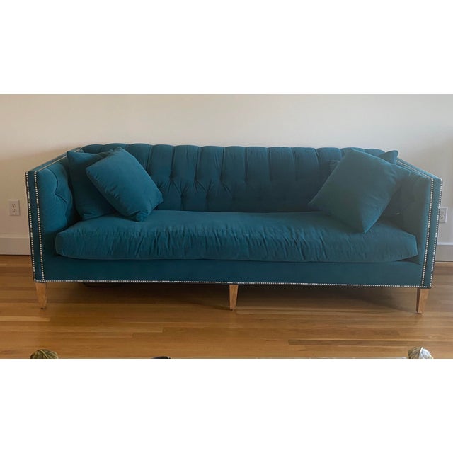 Custom Teal Crypton Sofa and Pillows | Chairish