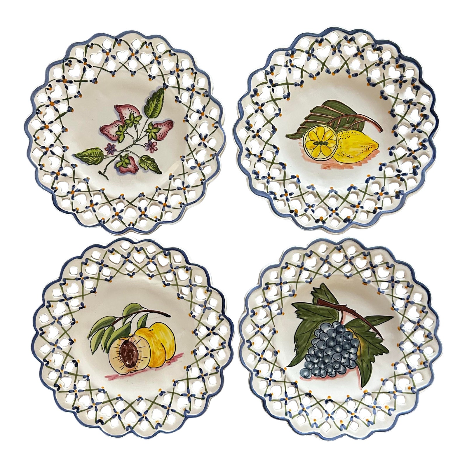 Vintage Fruit Plates Heart Pierced Edge Hand Painted Made in Portugal ...