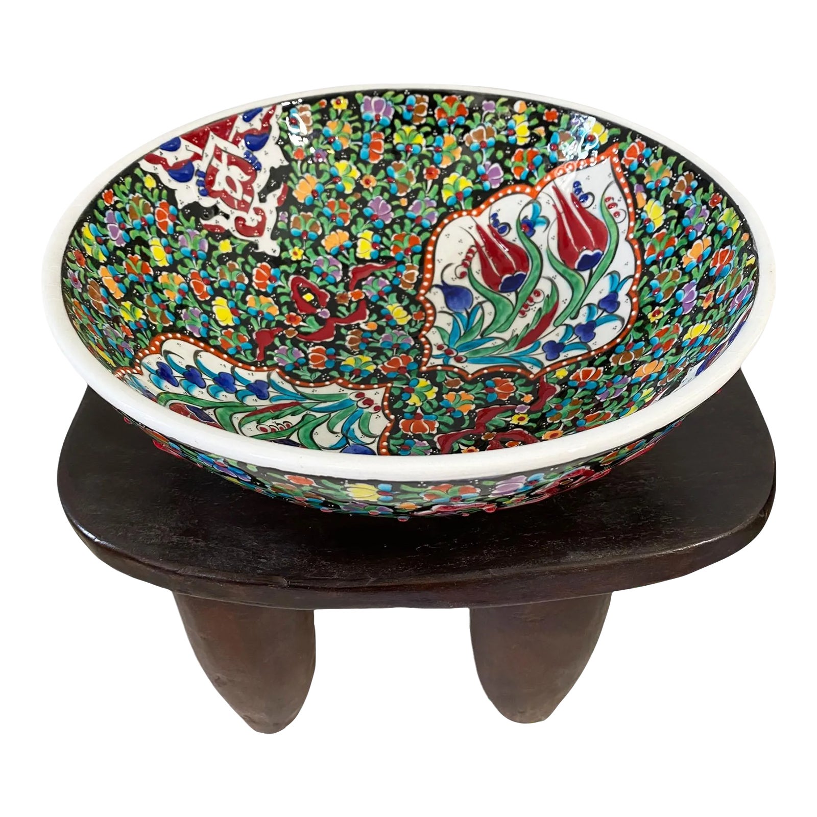 Large Turkish Ottoman Iznik Design Tulips Bowl 12" D | Chairish
