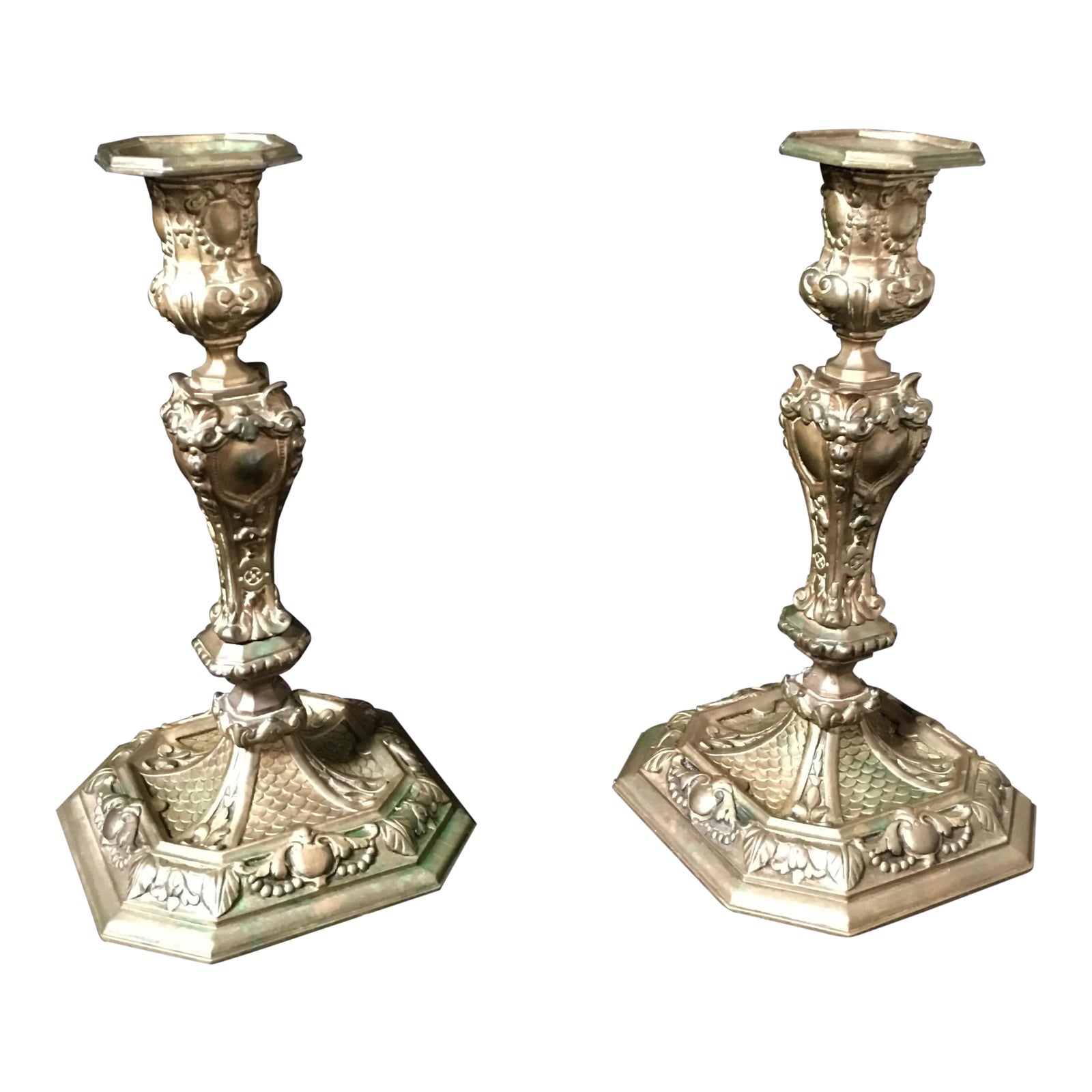 19th Century Rococo Style Brass Candle Sticks | Chairish