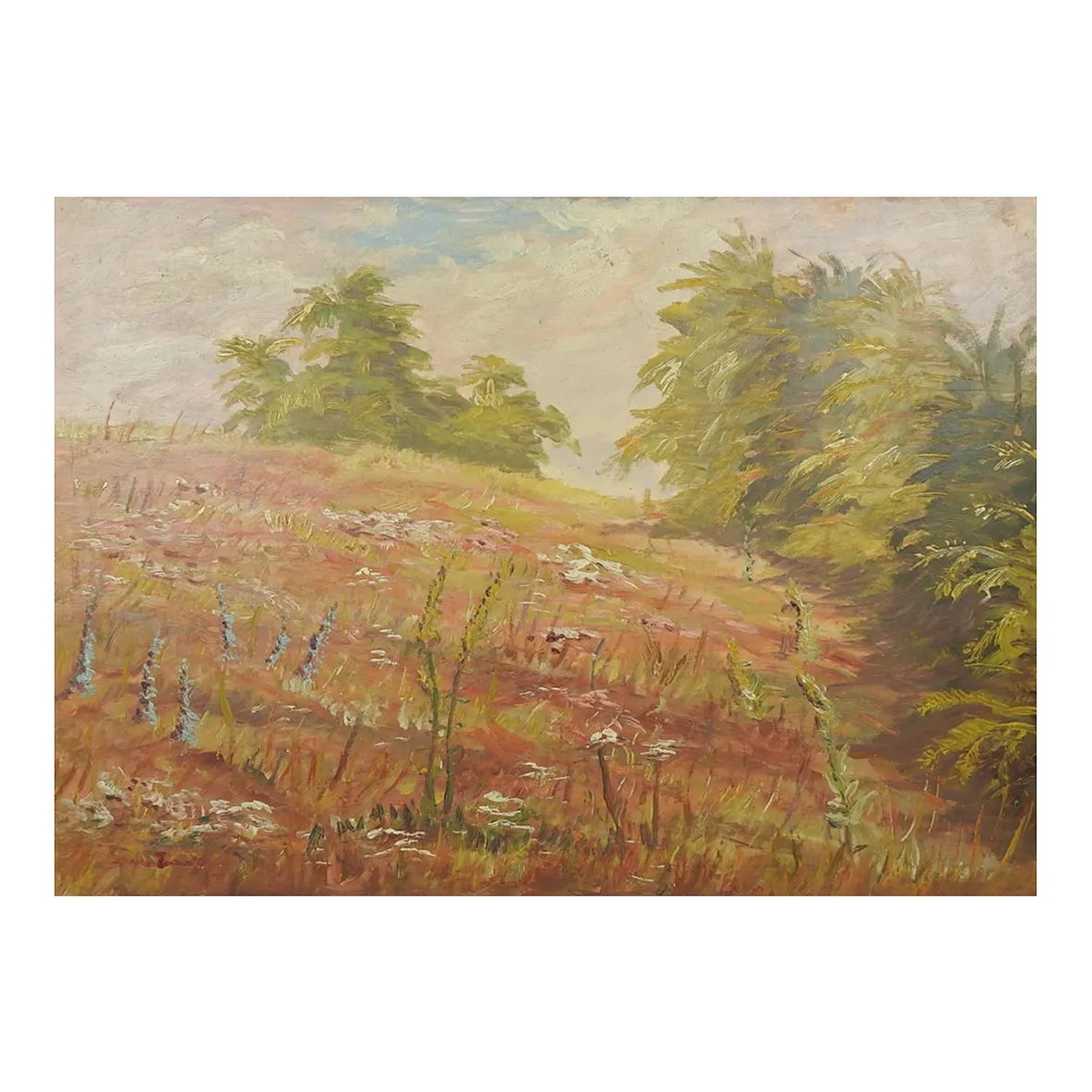 Vintage Mid 20th Century Impressionist Meadow Landscape Painting | Chairish