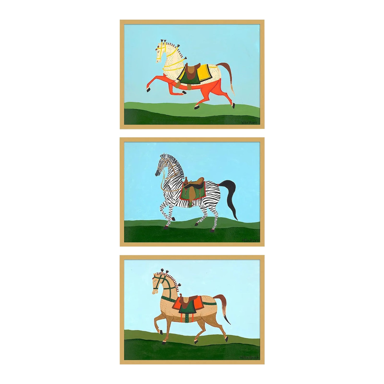 Horses by Willa Heart in Gold Frame, Small Art Prints - Set of 3 | Chairish