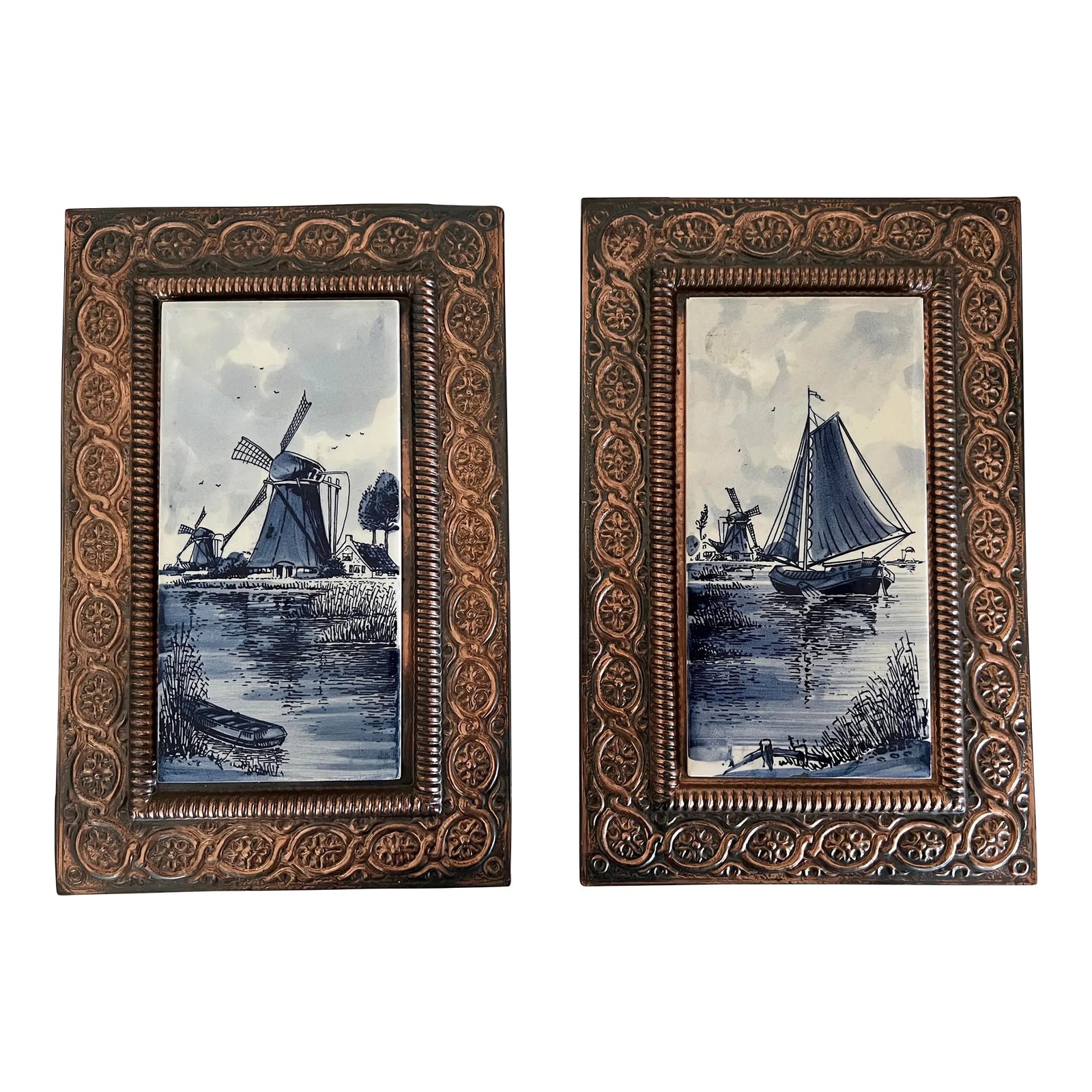 Delft Tiles in Stamped Copper Frames, a Pair | Chairish