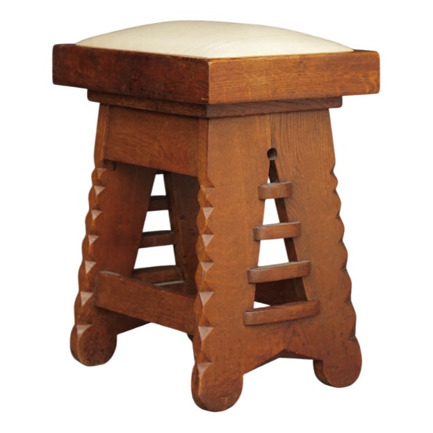 Amsterdam School Oak and Linen Stool in the manner of Architect CJ ...