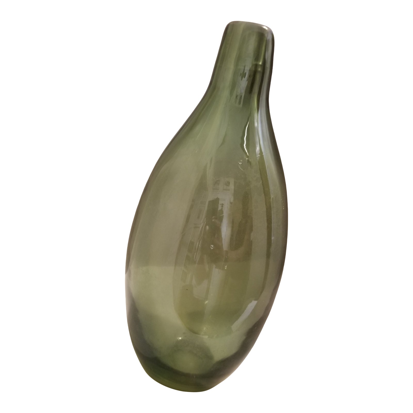 Tall Iridescent Green Flask-Shaped Freeform Glass Vase | Chairish