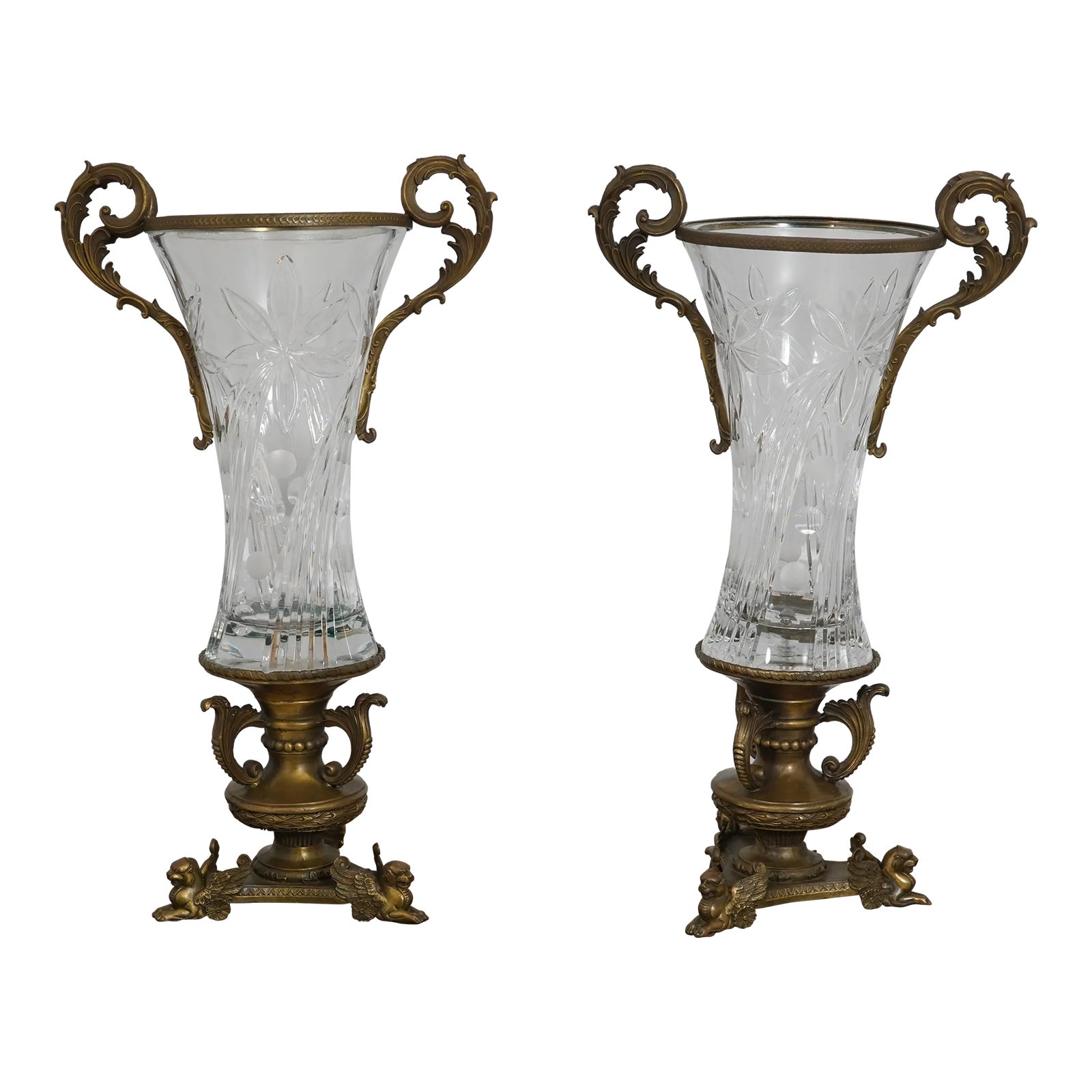 Pair of Victorian Era Regency Bronze Mounted Crystal Vases | Chairish