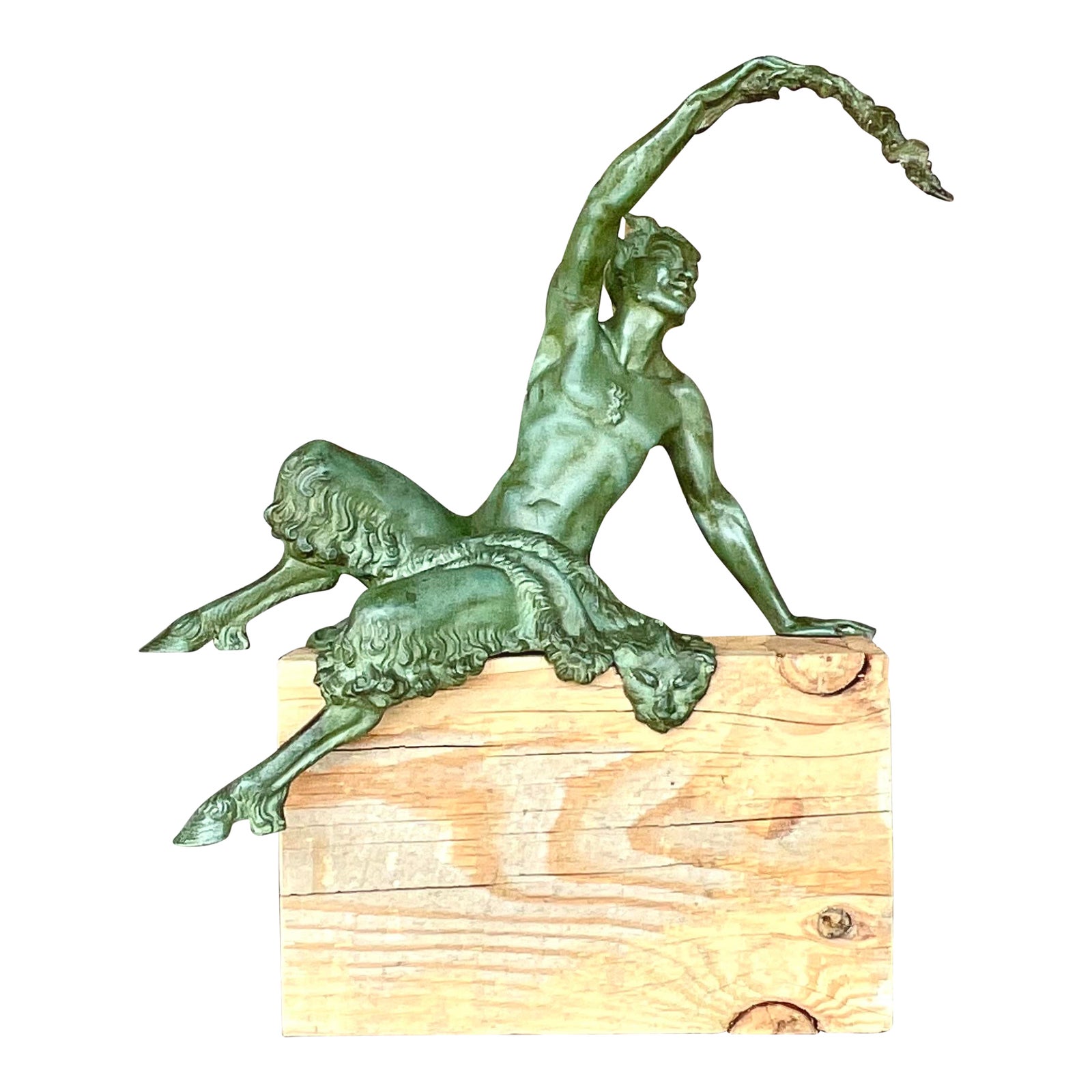 Vintage Boho Bronze Satyr Statue on Wood Plinth | Chairish