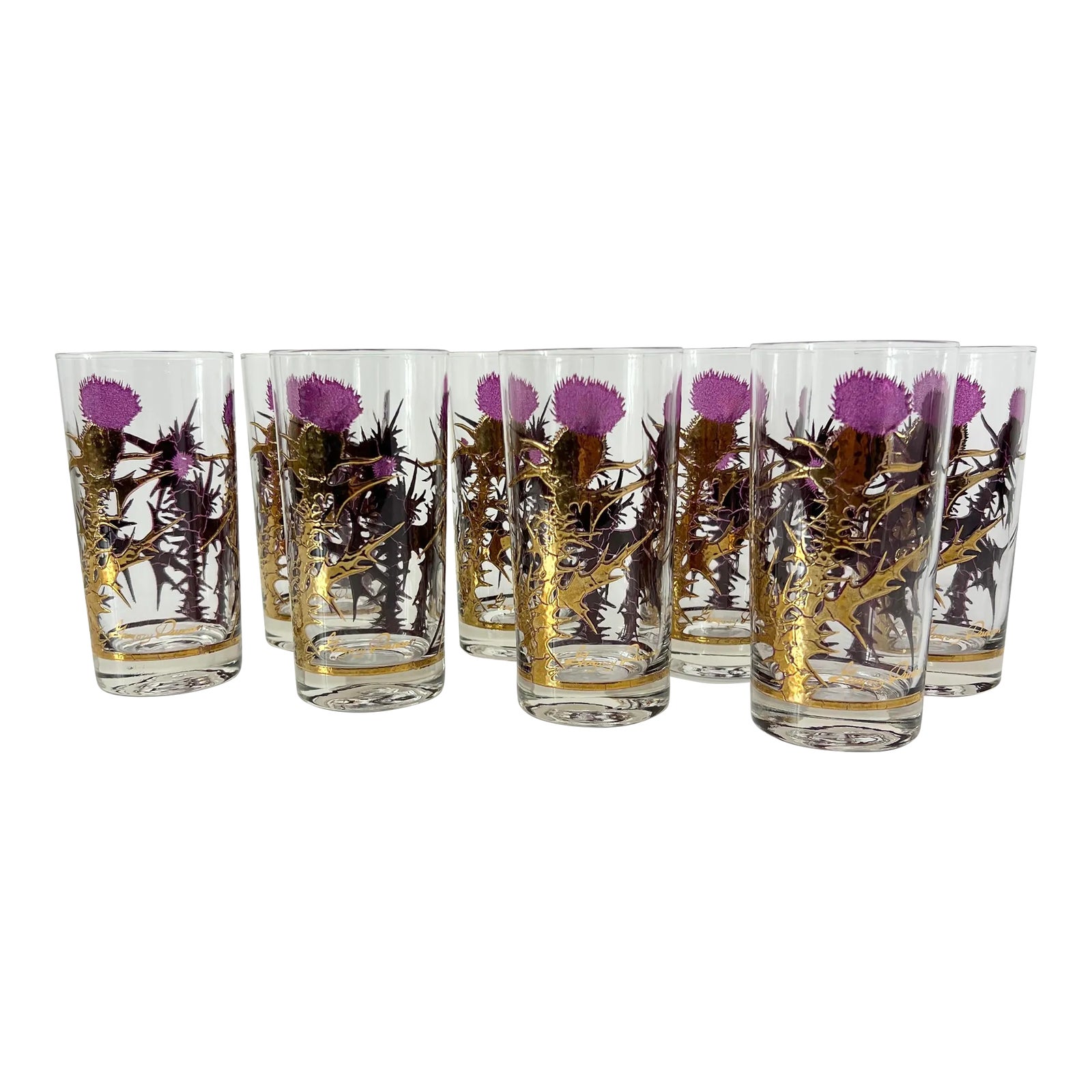 Mid Century 22k Gold Thistle Highball Glassware Set by Gregory Duncan - Set of 8 | Chairish