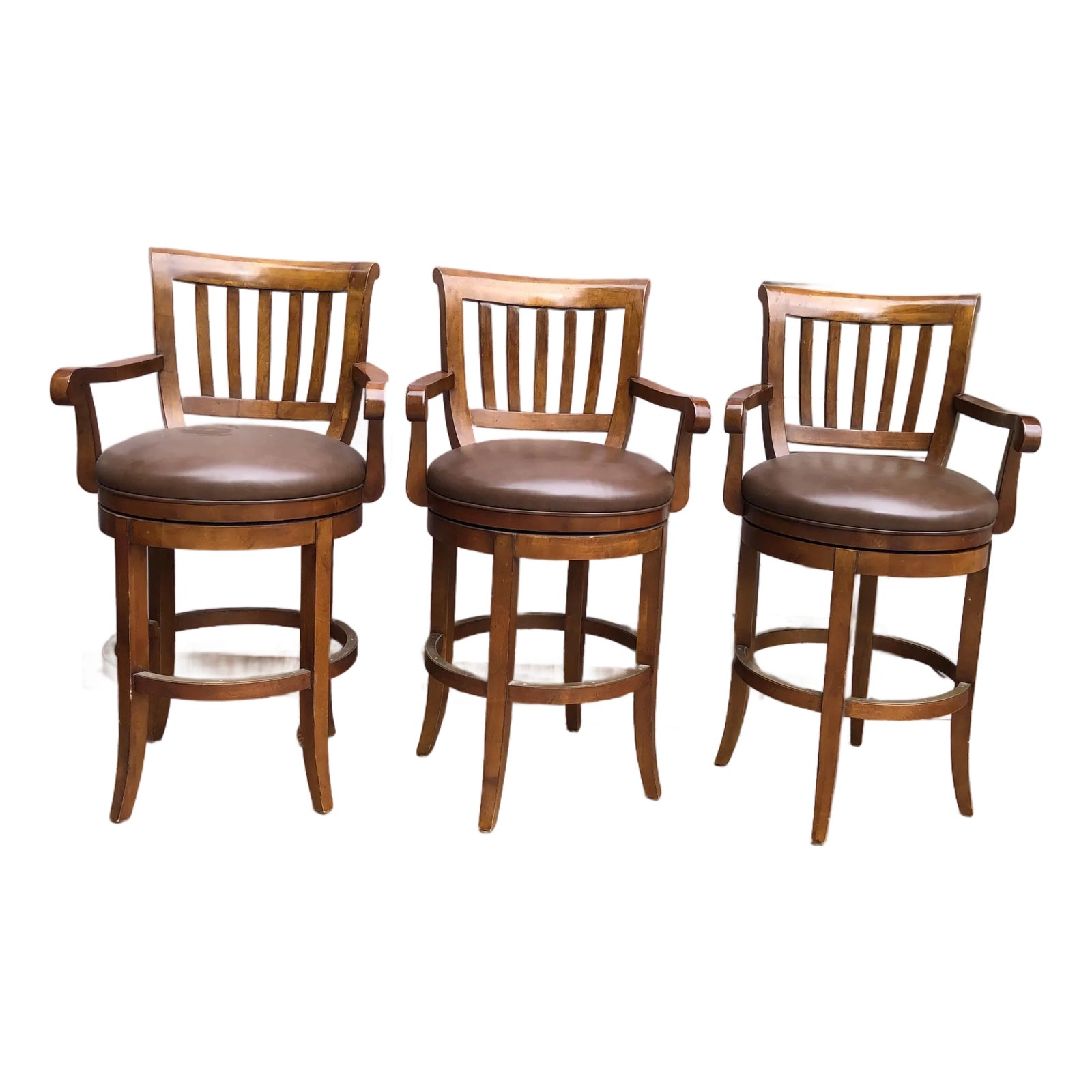 Ethan Allen Brown Leather Topped Swivel Arm Counter Stools - Set of 3 ...