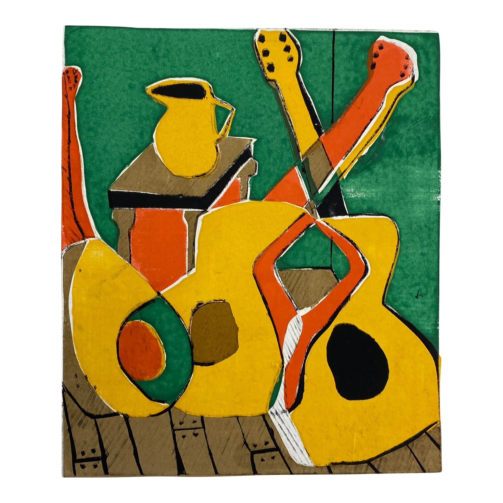 1970s Richard Snyder Cubist Guitar Woodblock | Chairish