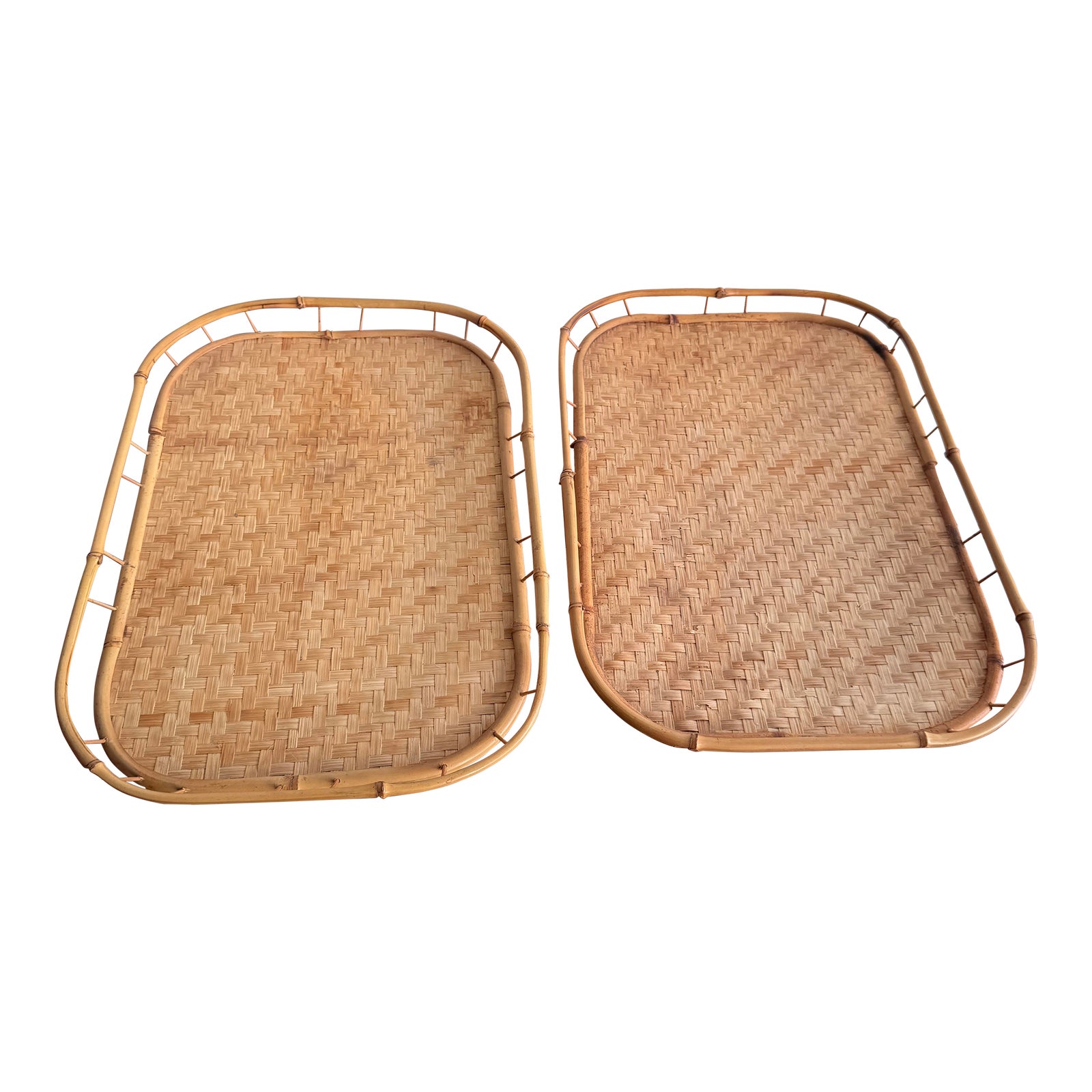1970s Woven Wicker and Bamboo Trays- A Pair | Chairish