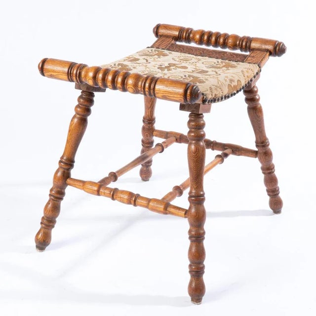 Early 20th Century Antique Oak Stool With Embroidered Seat | Chairish