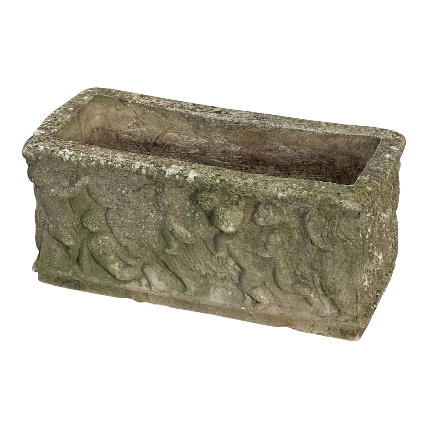 English Garden Stone Trough or Planter With Cherub Relief | Chairish