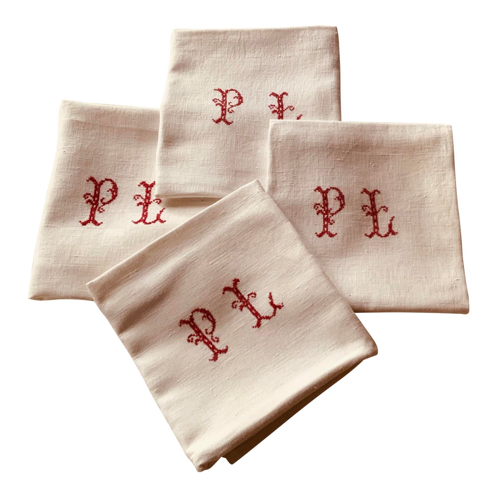 Exceptional Quartet of French Linen Napkins With Turkey Red Monograms ...