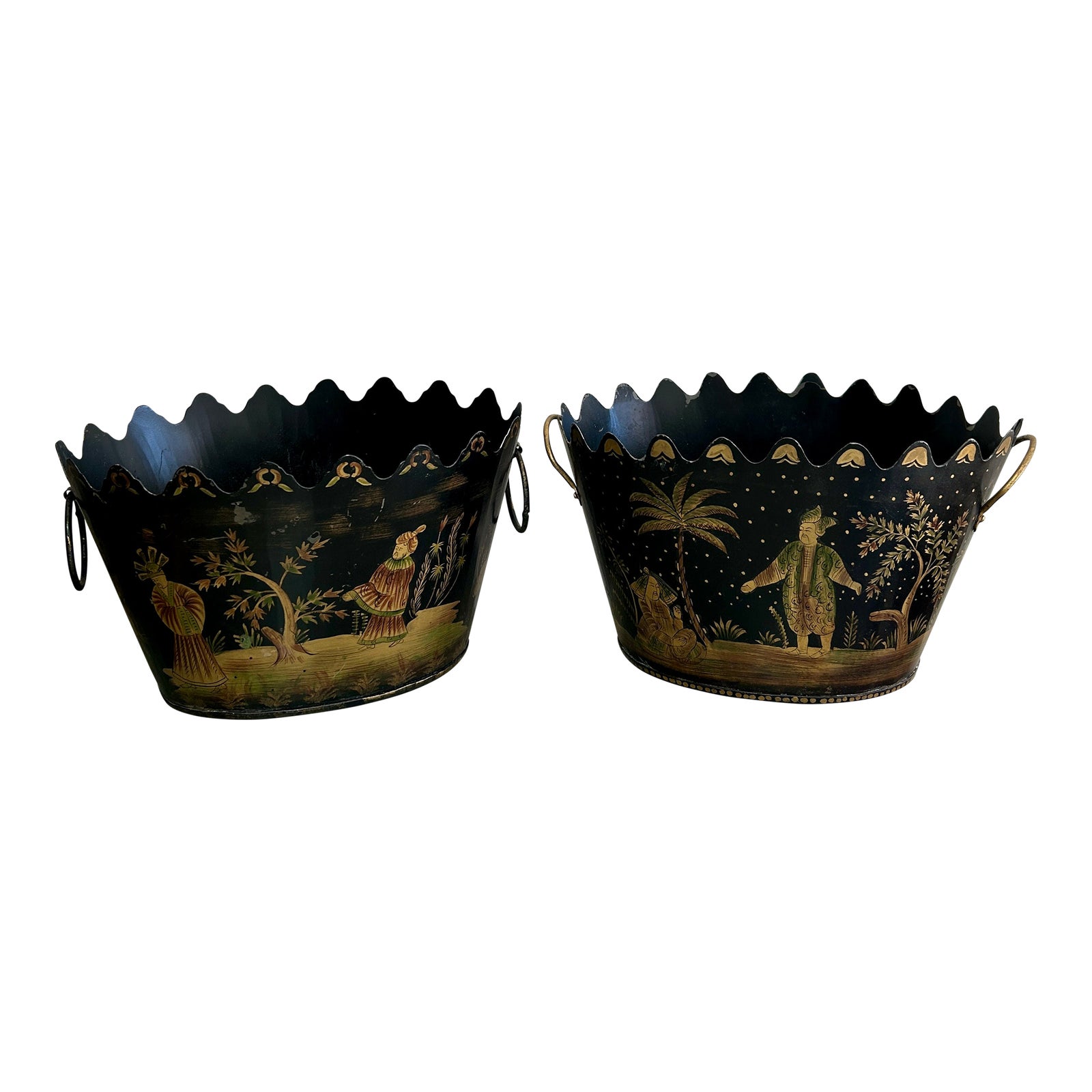Vintage Pair French Style Tole Chinoiserie Monteith Cachepots | Chairish