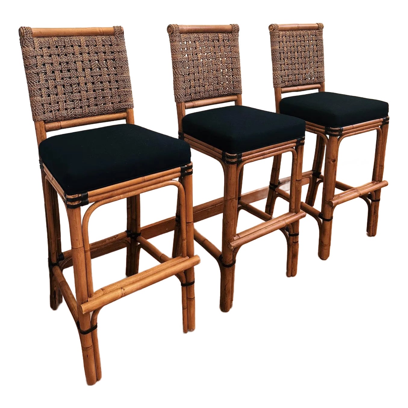 Late 20th Century Palecek Rattan + Woven Seagrass Stools - Set of 3 ...