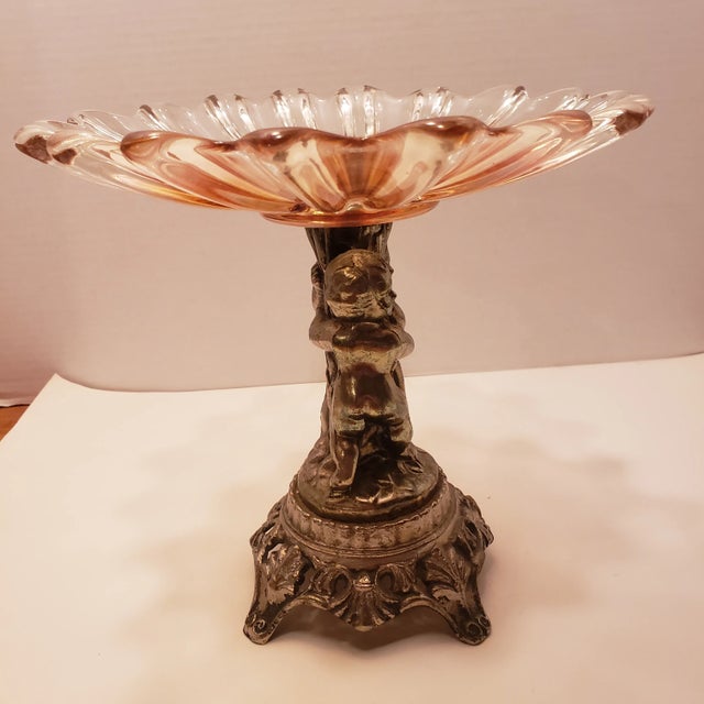 Antique Art Deco Cherub Metal & Pink Glass Compote | Chairish
