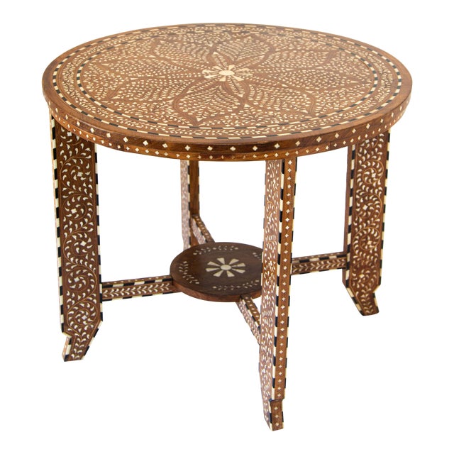 Anglo Indian Mughal Teak Wood Round Side Table With Bone Inlaid | Chairish