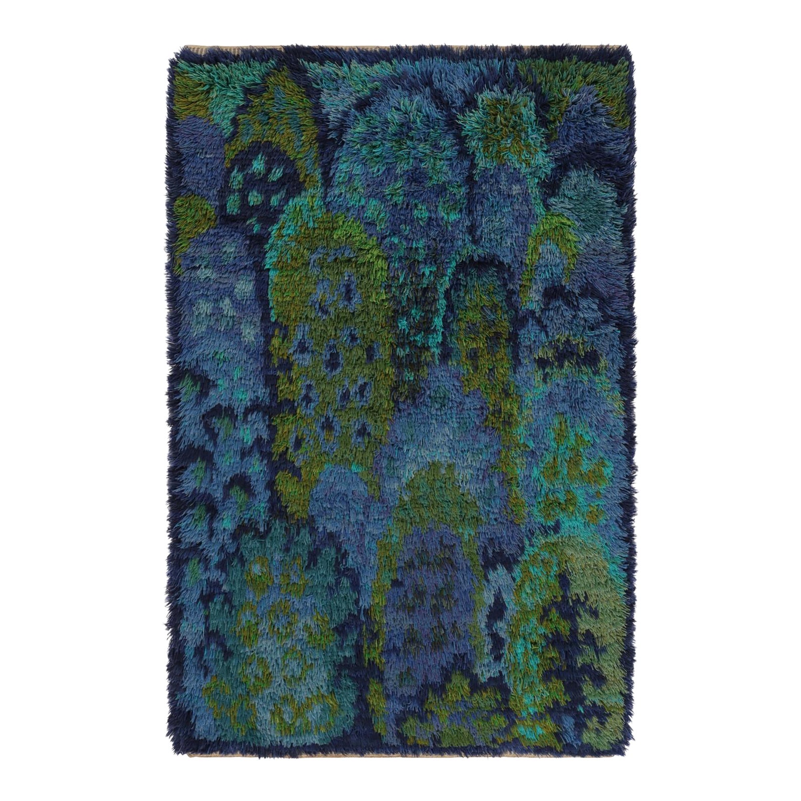 Vintage Swedish Rya Rug, Blue and Green Scandinavian Scale Pattern ...