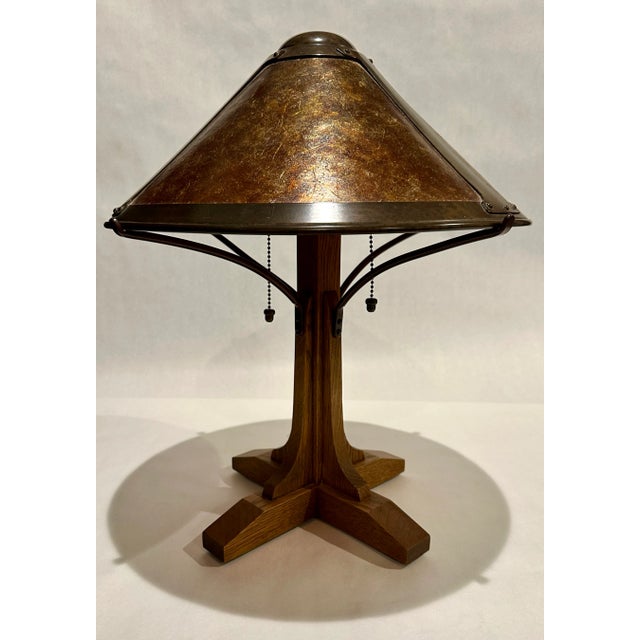 1980s Arts & Crafts Style Oak, Copper and Mica Lamp by Warren Hile ...